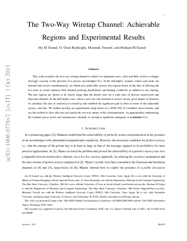 (PDF) The Two-Way Wiretap Channel: Achievable Regions and Experimental ...