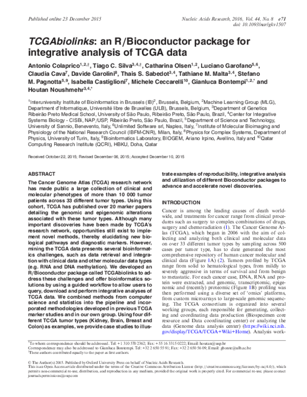 (PDF) TCGAbiolinks: an R/Bioconductor package for integrative analysis ...