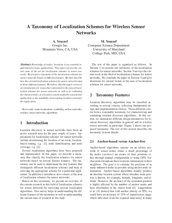 (PDF) A taxonomy of localization schemes for wireless sensor networks