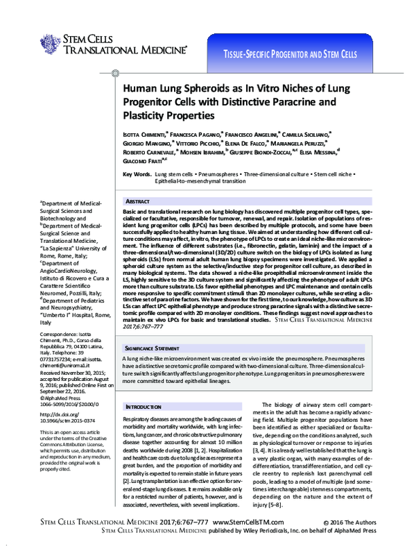 (PDF) Human Lung Spheroids as In Vitro Niches of Lung Progenitor Cells ...