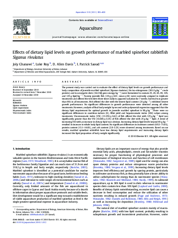 (PDF) Effects of dietary lipid levels on growth performance of marbled ...