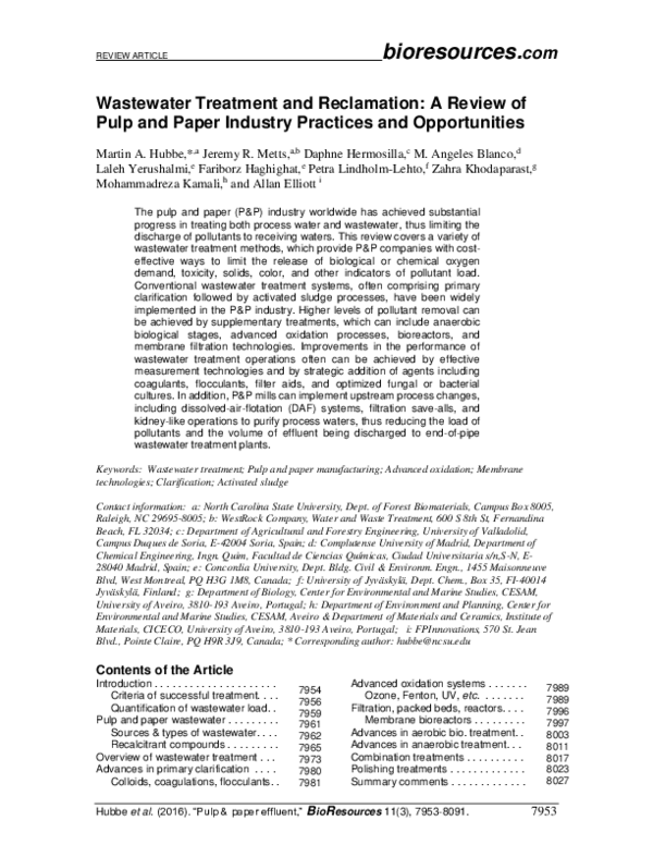 (PDF) Pulp and Paper Wastewater Treatment Review