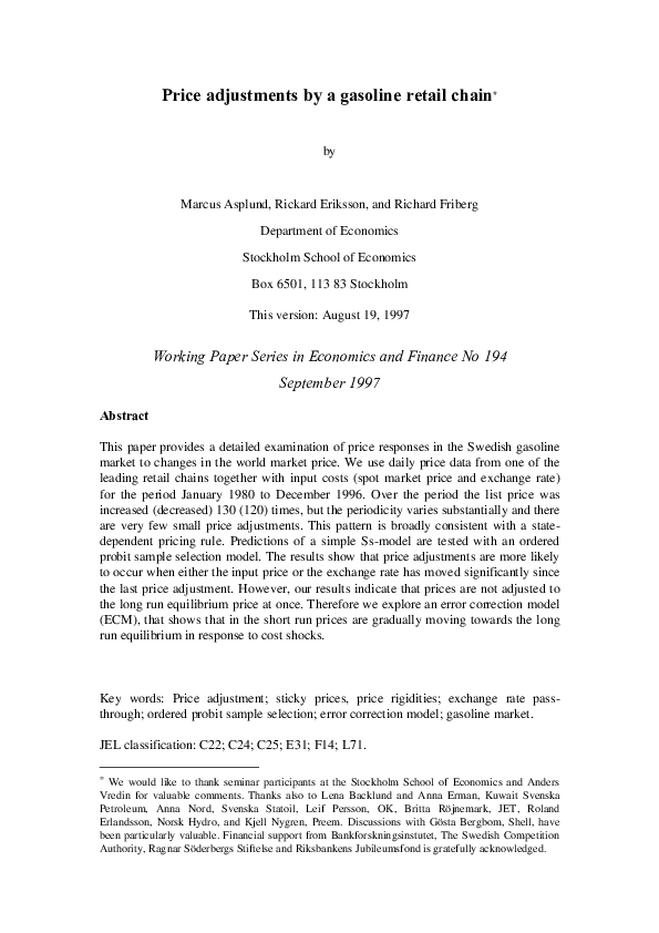 (PDF) Price Adjustments by a Gasoline Retail Chain | Richard Friberg ...