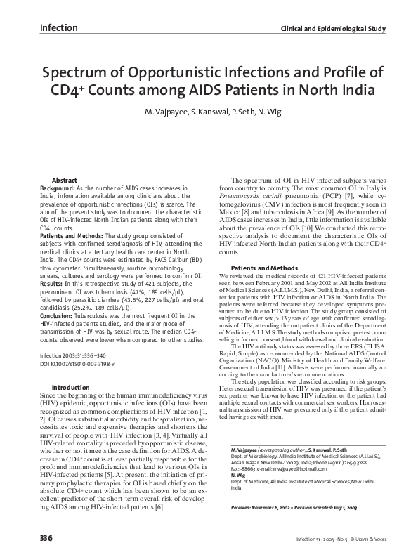 (PDF) Spectrum of opportunistic infections and profile of CD4+ counts ...
