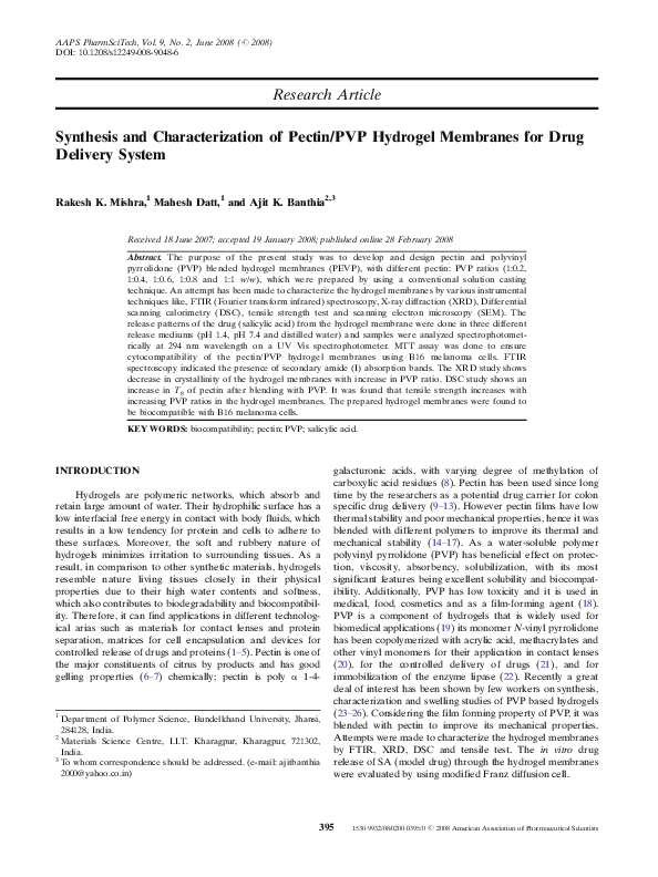 (PDF) Synthesis and characterization of pectin/PVP hydrogel membranes for drug delivery system