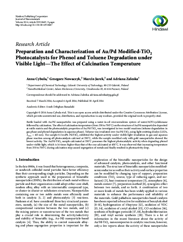 (PDF) Preparation and Characterization of Au/Pd Modified-TiO2 Photocatalysts for Phenol and ...