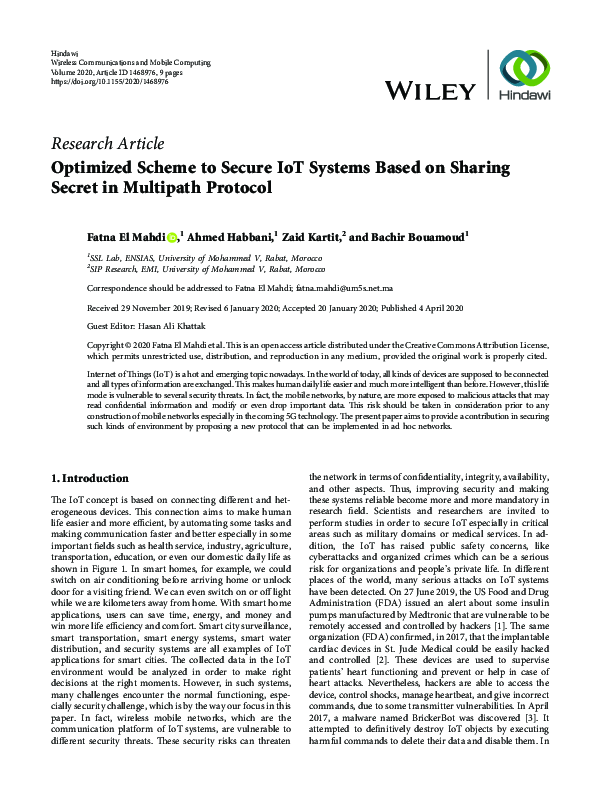 (PDF) Optimized Scheme to Secure IoT Systems Based on Sharing Secret in Multipath Protocol