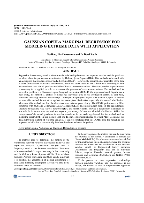 (PDF) Gaussian Copula Marginal Regression for Modeling Extreme Data with Application