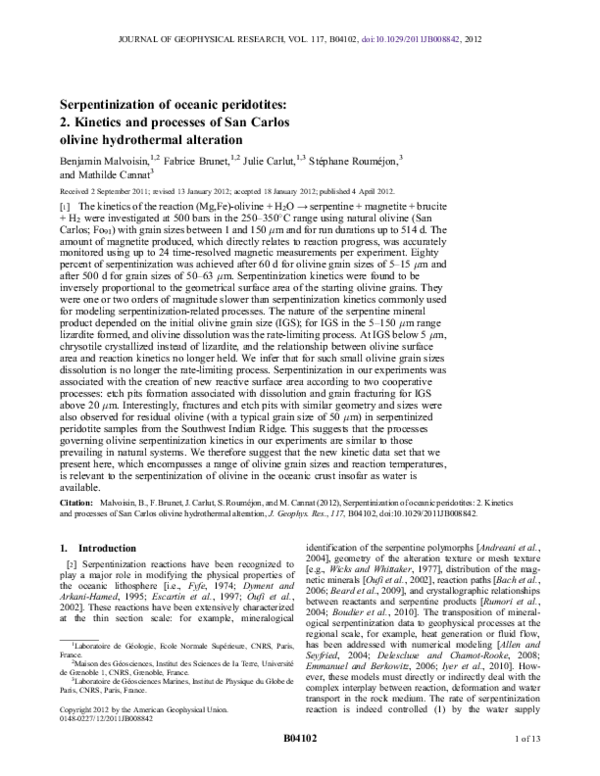 (PDF) Serpentinization of oceanic peridotites: 2. Kinetics and ...