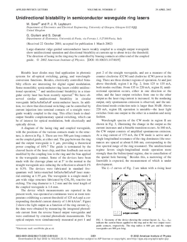 (PDF) Unidirectional bistability in semiconductor waveguide ring lasers