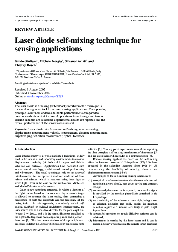 (PDF) Laser diode self-mixing technique for sensing applications