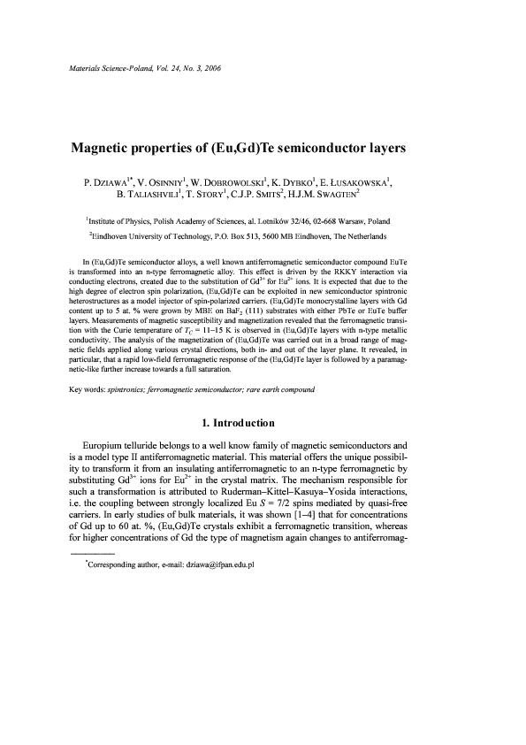 (PDF) Magnetic properties of (Eu, Gd) Te semiconductor layers