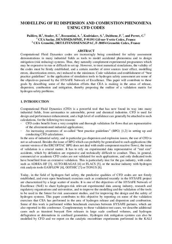(PDF) Modelling of H2 Dispersion and Combustion Phenomena Using CFD Codes