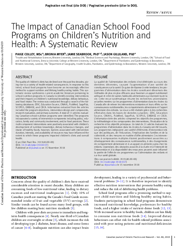 (PDF) The Impact of Canadian School Food Programs on Children’s ...