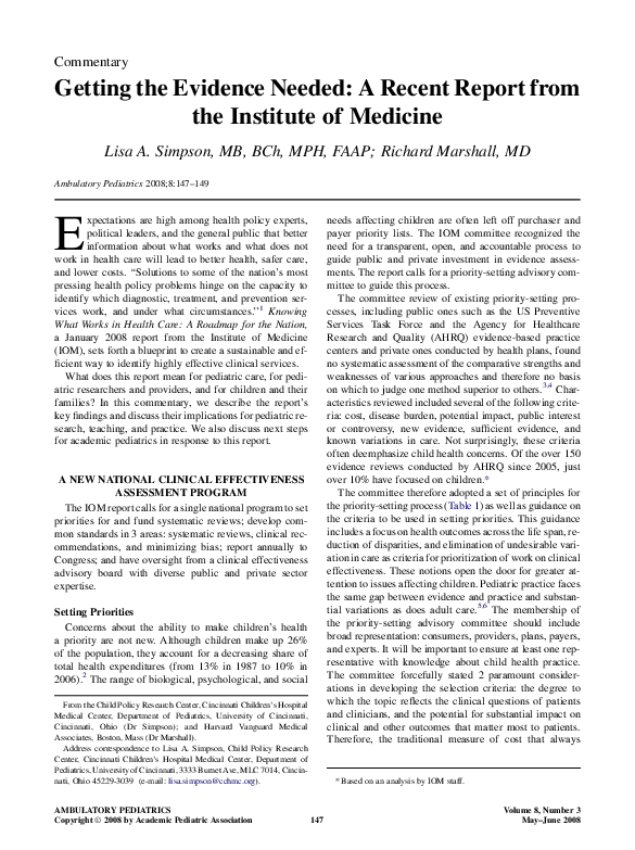 (PDF) Getting the Evidence Needed: A Recent Report from the Institute ...