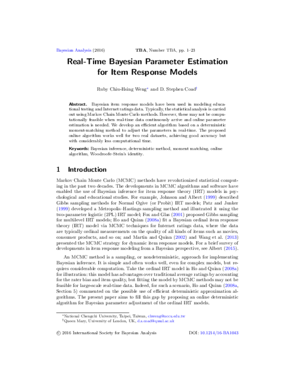 Pdf Real Time Bayesian Parameter Estimation For Item Response Models