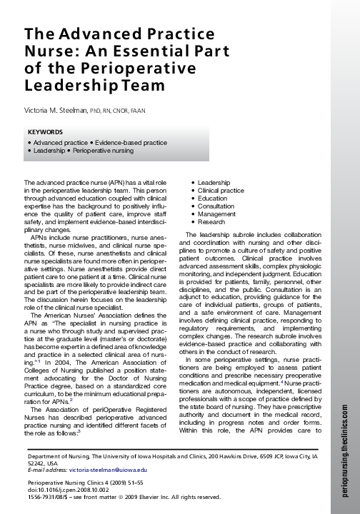 (PDF) The Advanced Practice Nurse: An Essential Part of the Perioperative Leadership Team