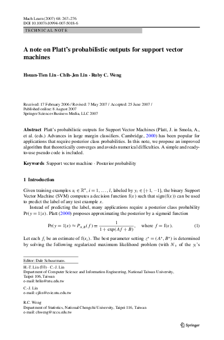 (PDF) A note on Platt’s probabilistic outputs for support vector machines