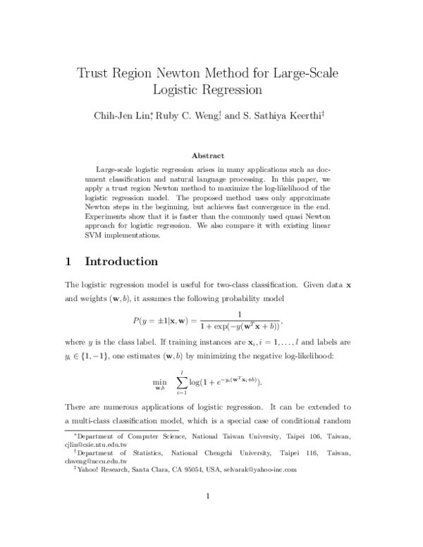 (PDF) Trust region Newton methods for large-scale logistic regression