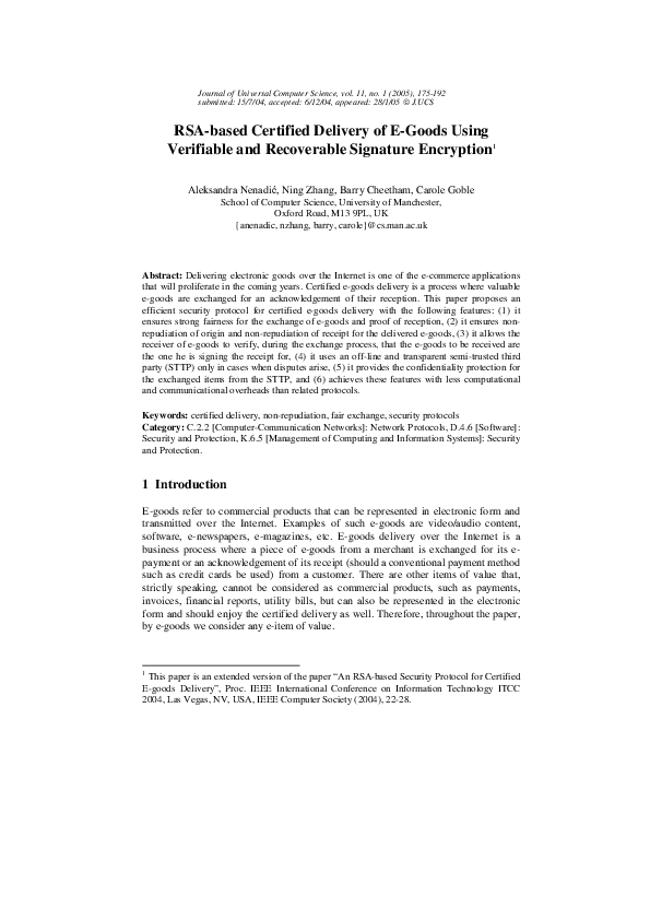 (PDF) RSA-based Certified Delivery of E-Goods Using Verifiable and ...