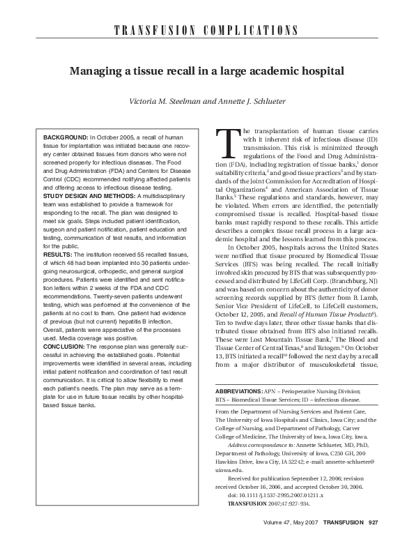 (PDF) Managing a tissue recall in a large academic hospital