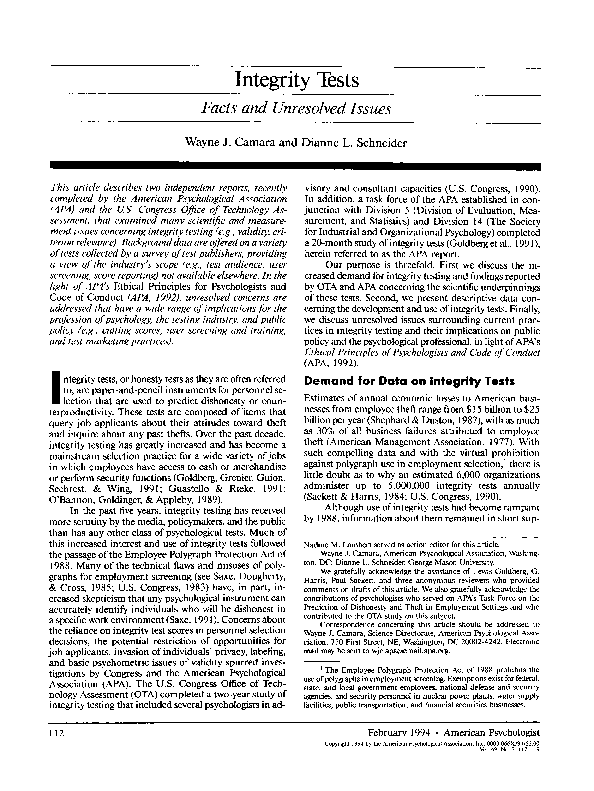 (PDF) Integrity tests: Facts and unresolved issues