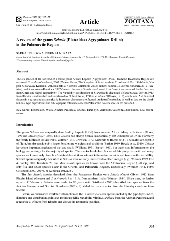 (PDF) A review of the genus Selasia (Elateridae: Agrypninae: Drilini ...