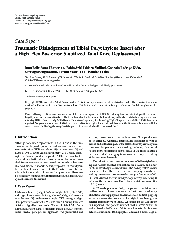 (PDF) Traumatic Dislodgement of Tibial Polyethylene Insert after a High ...