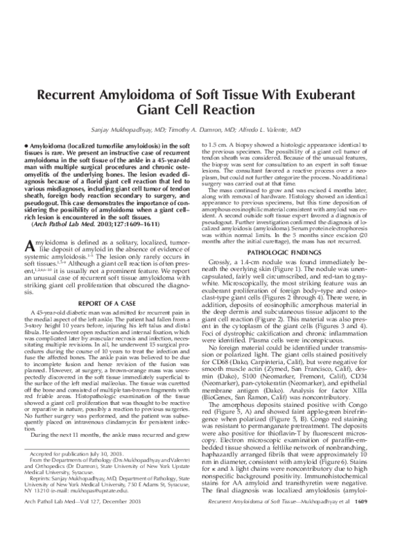 (PDF) Recurrent amyloidoma of soft tissue with exuberant giant cell ...