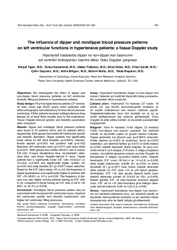 (PDF) The influence of dipper and nondipper blood pressure patterns on ...