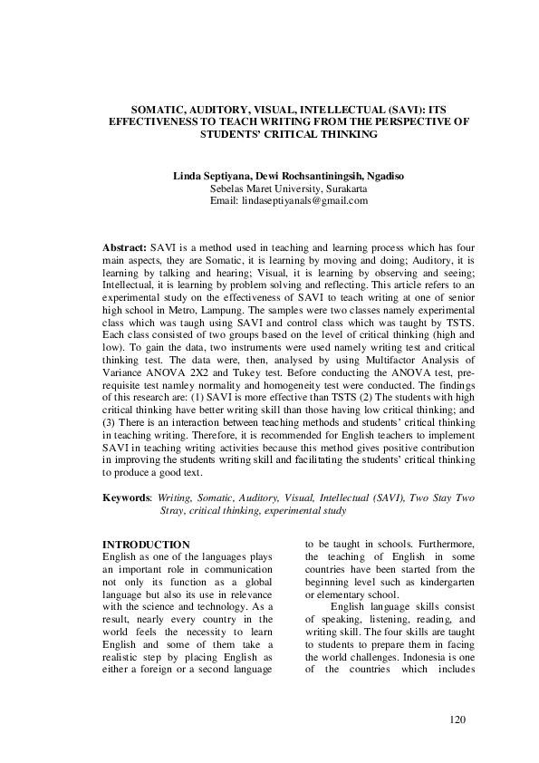 (PDF) Somatic, Auditory, Visual, Intellectual (Savi): Its Effectiveness to Teach Writing from ...