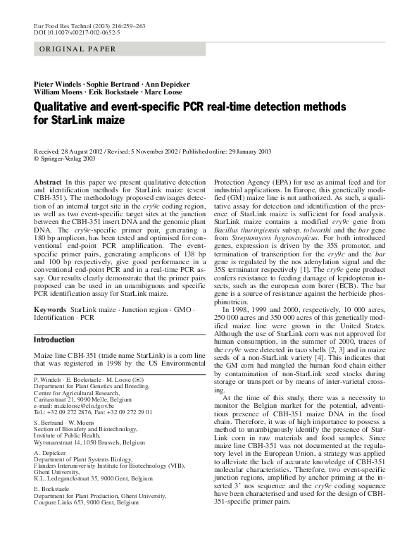 (PDF) Qualitative and event-specific PCR real-time detection methods for StarLink maize