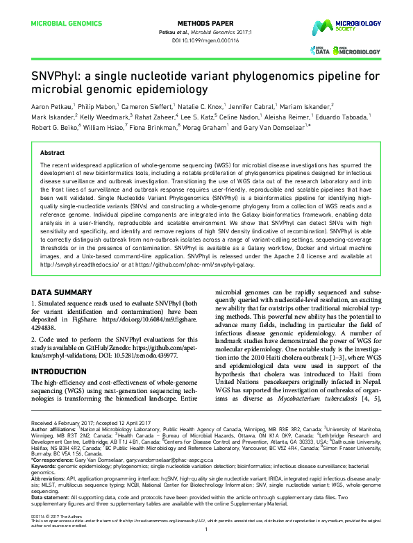 (PDF) SNVPhyl: A Single Nucleotide Variant Phylogenomics pipeline for microbial genomic ...