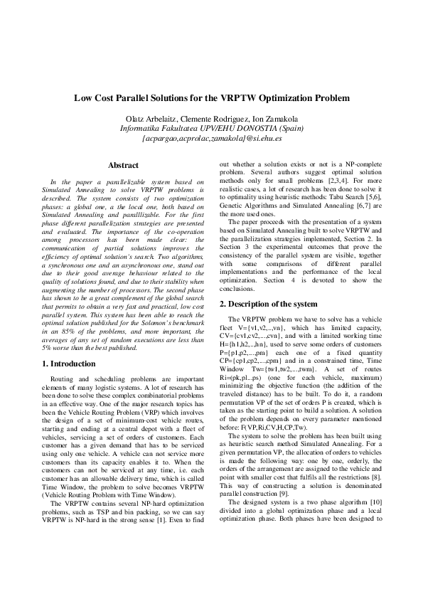 (PDF) Low cost parallel solutions for the VRPTW optimization problem