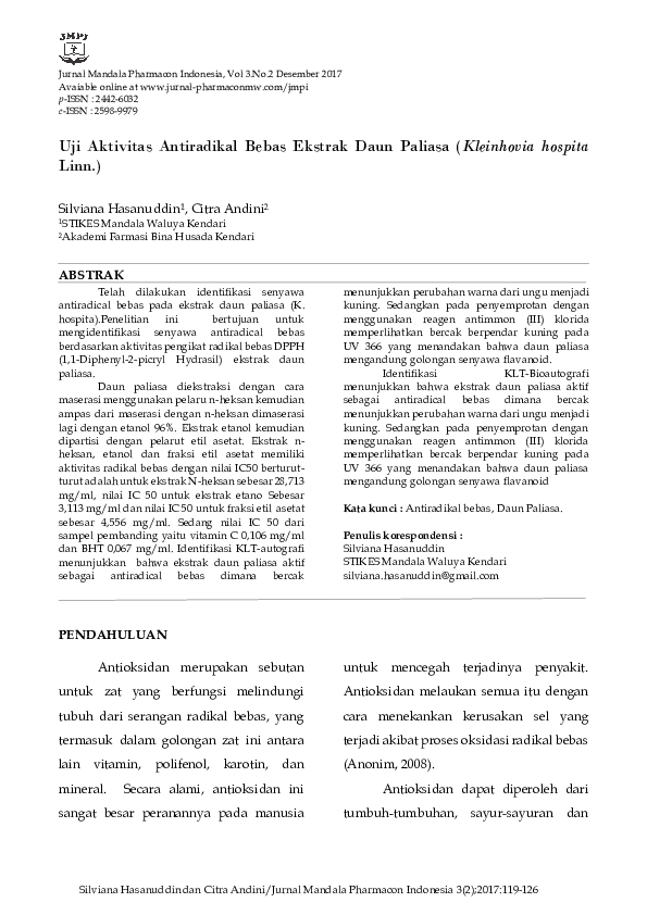 (PDF) Uji Aktivitas Antiradikal Bebas Ekstrak Daun Paliasa (Kleinhovia ...