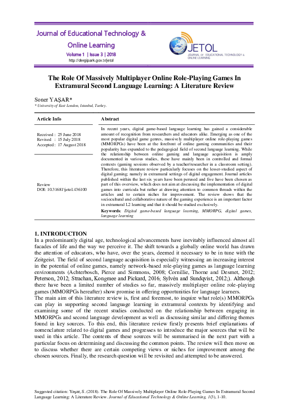 (PDF) The Role of Massively Multiplayer Online Role-Playing Games in Extramural Second Language ...