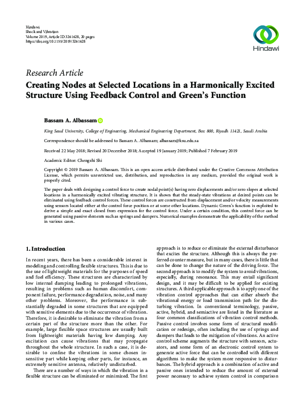 (PDF) Creating Nodes at Selected Locations in a Harmonically Excited Structure Using Feedback ...