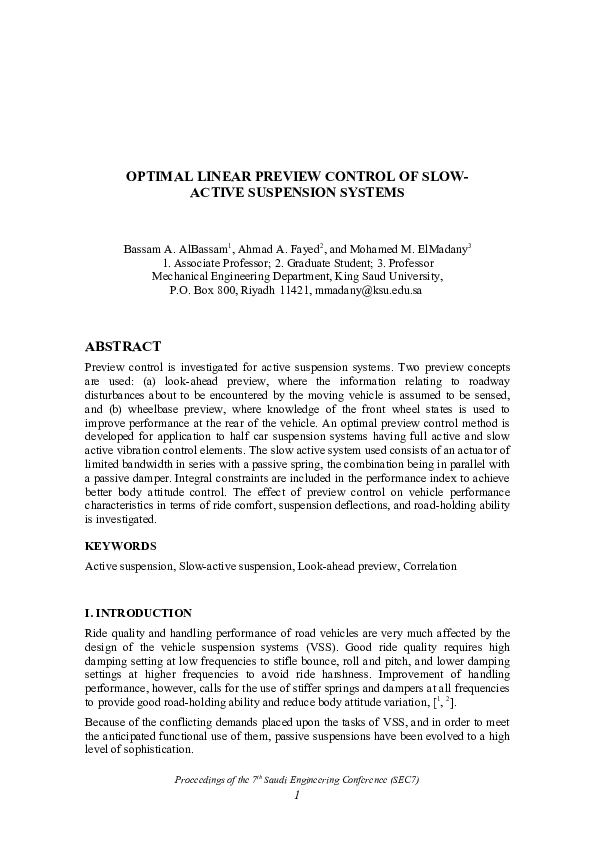 (PDF) Optimal Linear Preview Control of Slow active Suspension Systems