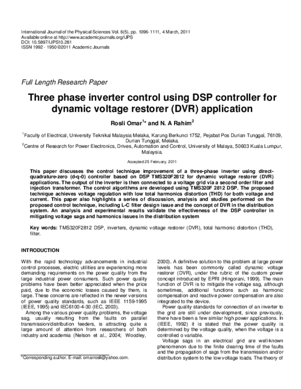 (PDF) Three phase inverter control using DSP controller for dynamic voltage restorer (DVR ...