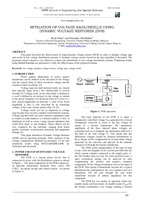 (PDF) Mitigation of Voltage Sags/Swells Using Dynamic Voltage Restorer (DVR)