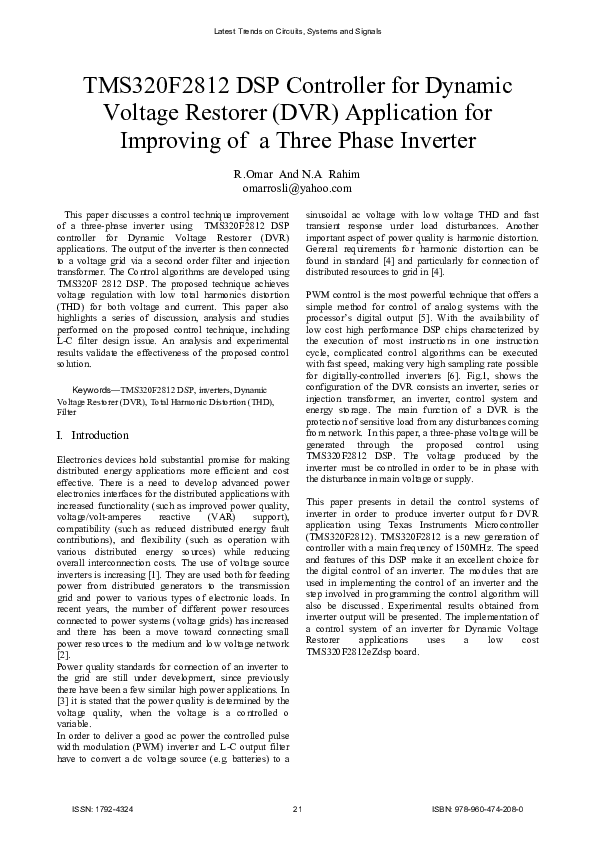 (PDF) TMS320F2812 DSP controller for dynamic voltage restorer (DVR) application for improving of ...