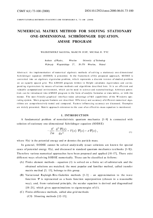 (PDF) Numerical Matrix Method for Solving Stationary One-Dimensional ...