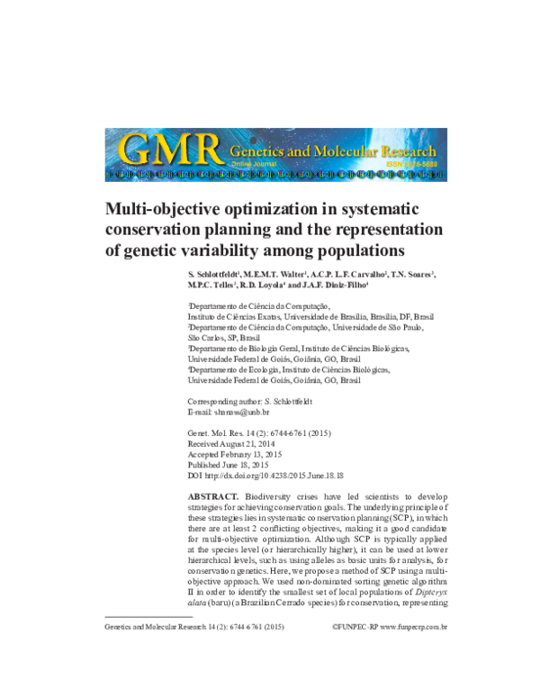 Pdf Multi Objective Optimization In Systematic Conservation Planning And The Representation Of
