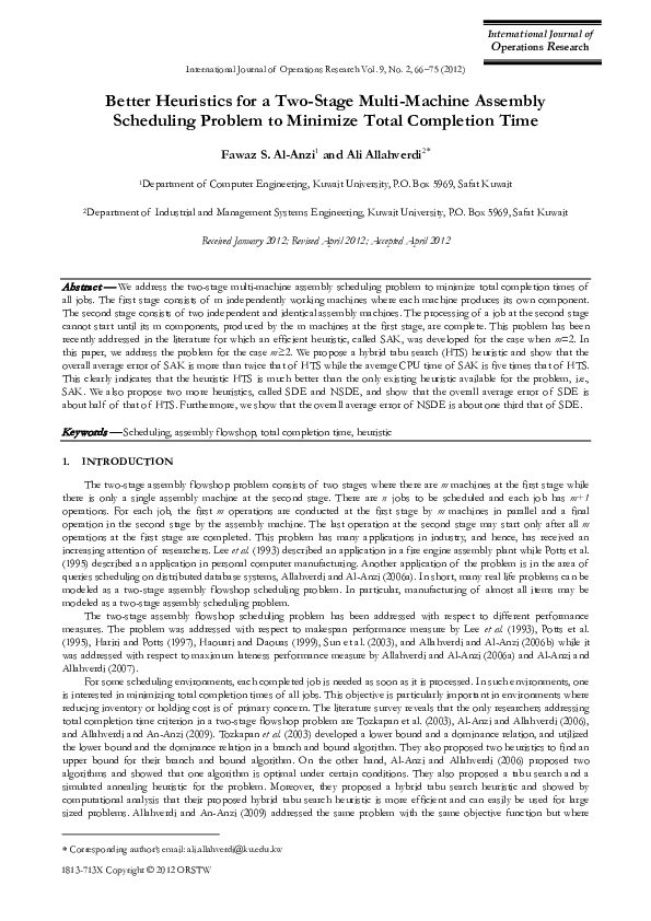 (PDF) Better Heuristics for a Two-Stage Multi-Machine Assembly Scheduling Problem to Minimize ...