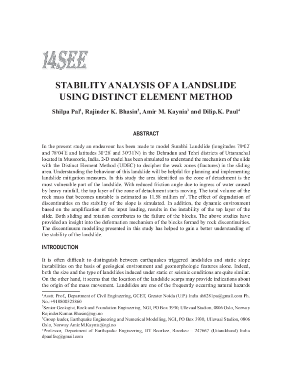 (PDF) Stability Analysis of a Landslide Using Distinct Element Method