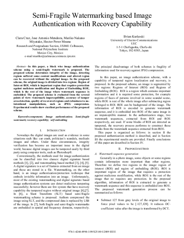 Pdf Semi Fragile Watermarking Based Image Authentication With