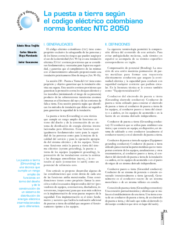 (PDF) La puesta a tierra según el código eléctrico colombiano norma ...