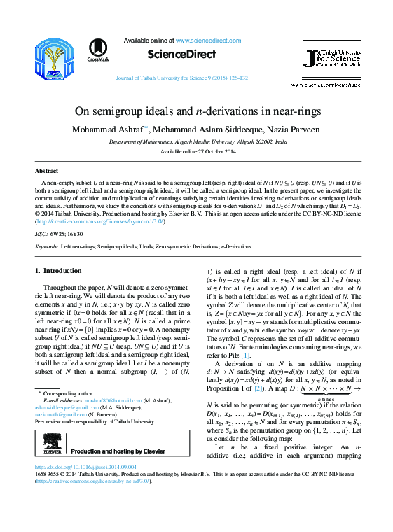 (PDF) On semigroup ideals and n-derivations in near-rings