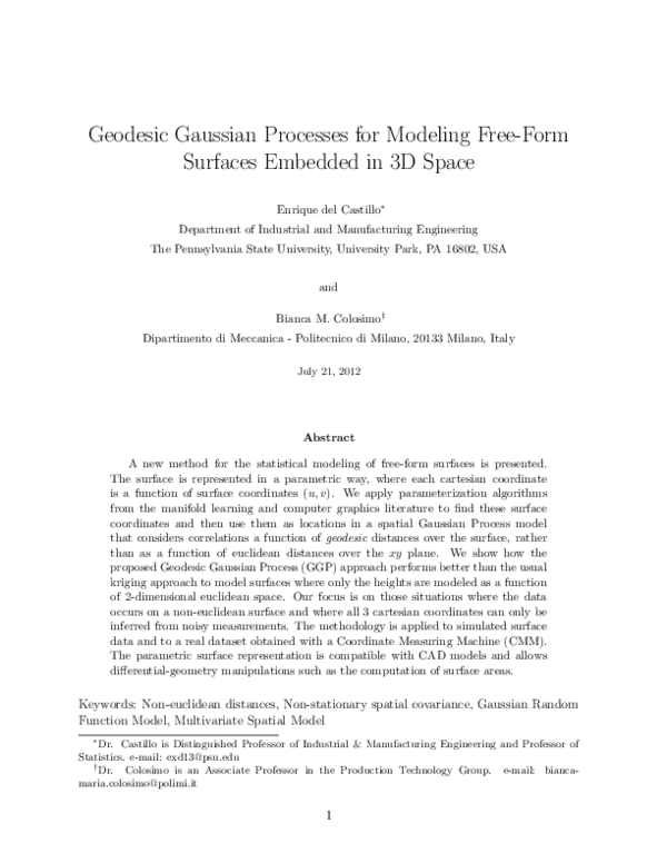 (PDF) Geodesic Gaussian Processes for Modeling Free-Form Surfaces Embedded in 3D Space