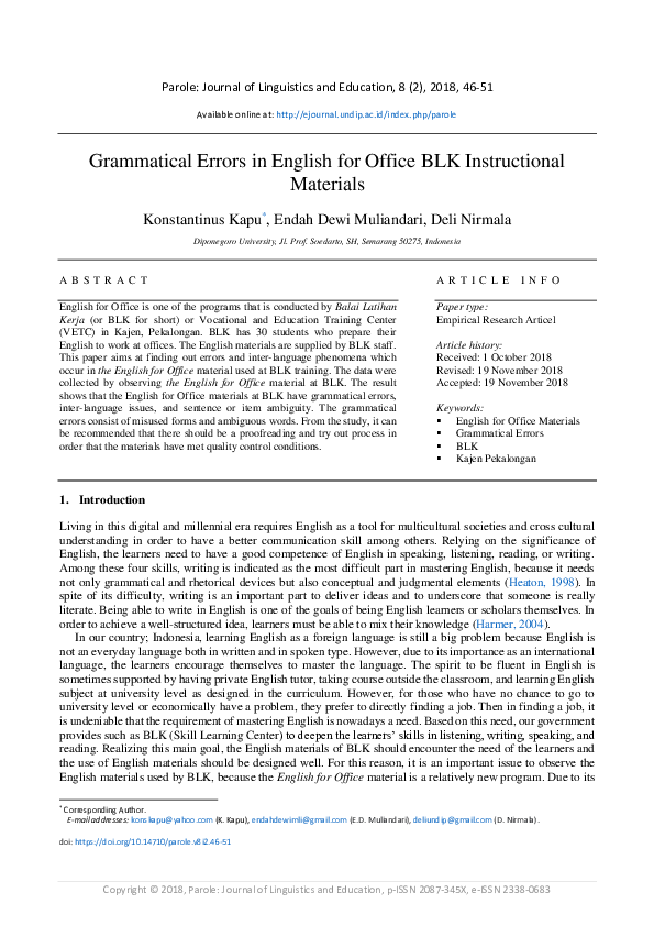 (PDF) Grammatical Errors in English for Office BLK Instructional Materials